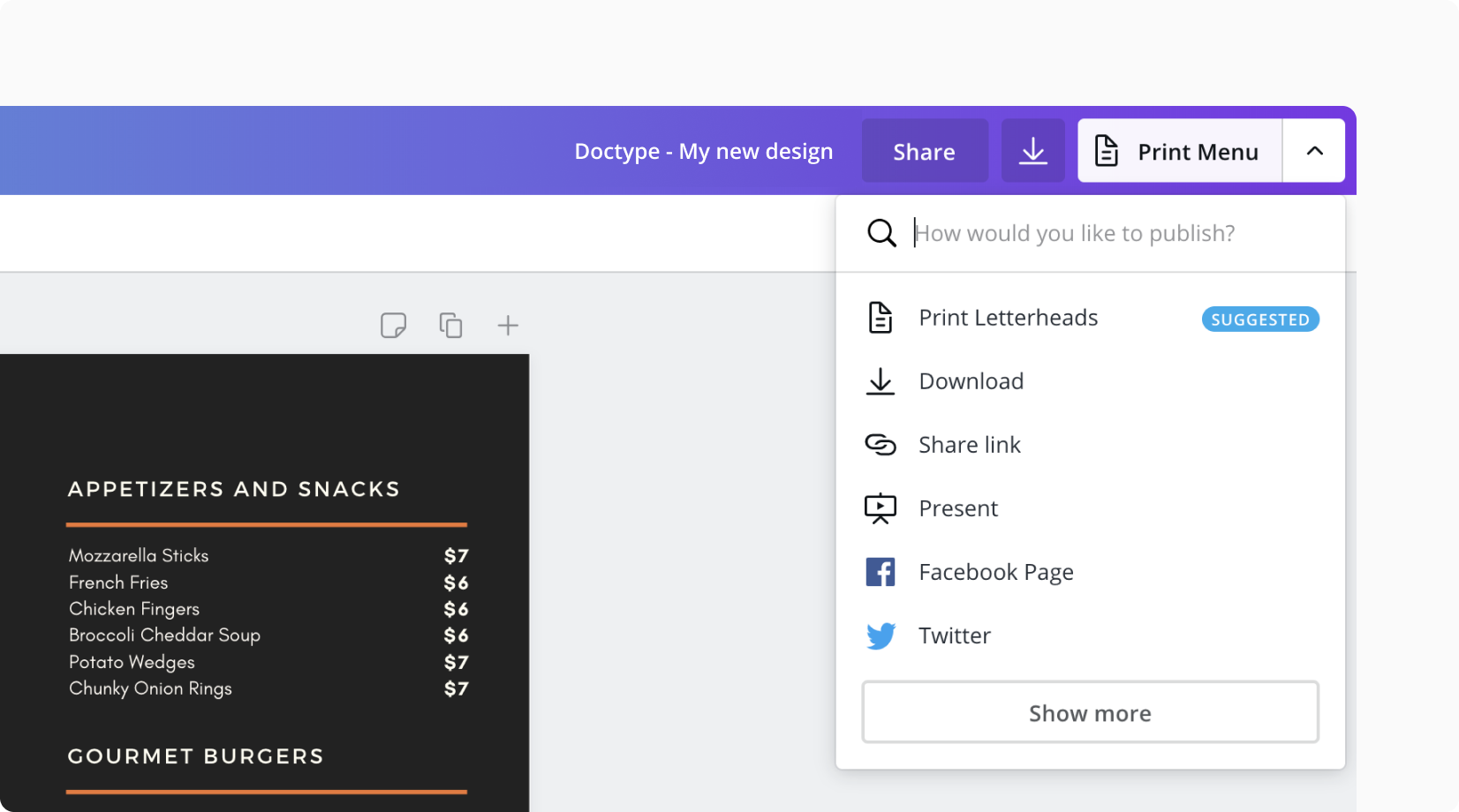 Customizable, printable menus from Canva