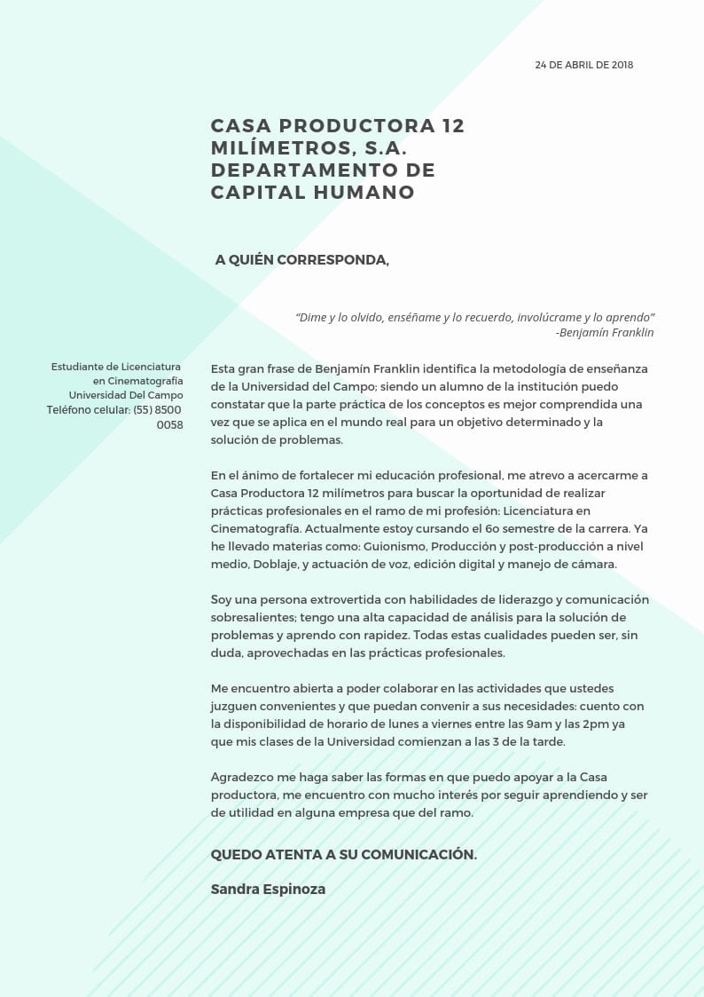 Ejemplo De Carta De Intención Para Prácticas