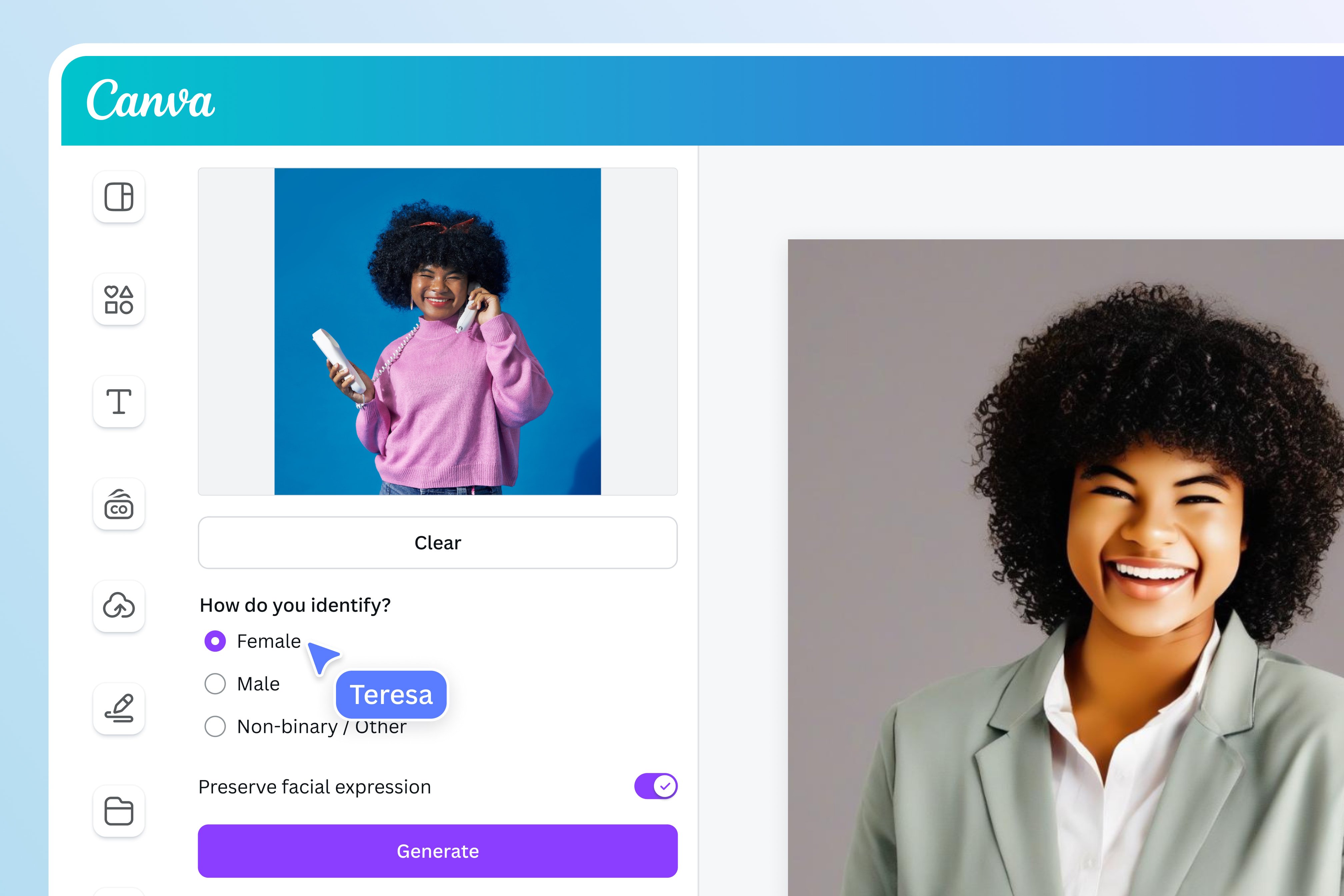 Generatore foto professionali AI: crea foto curriculum AI | Canva