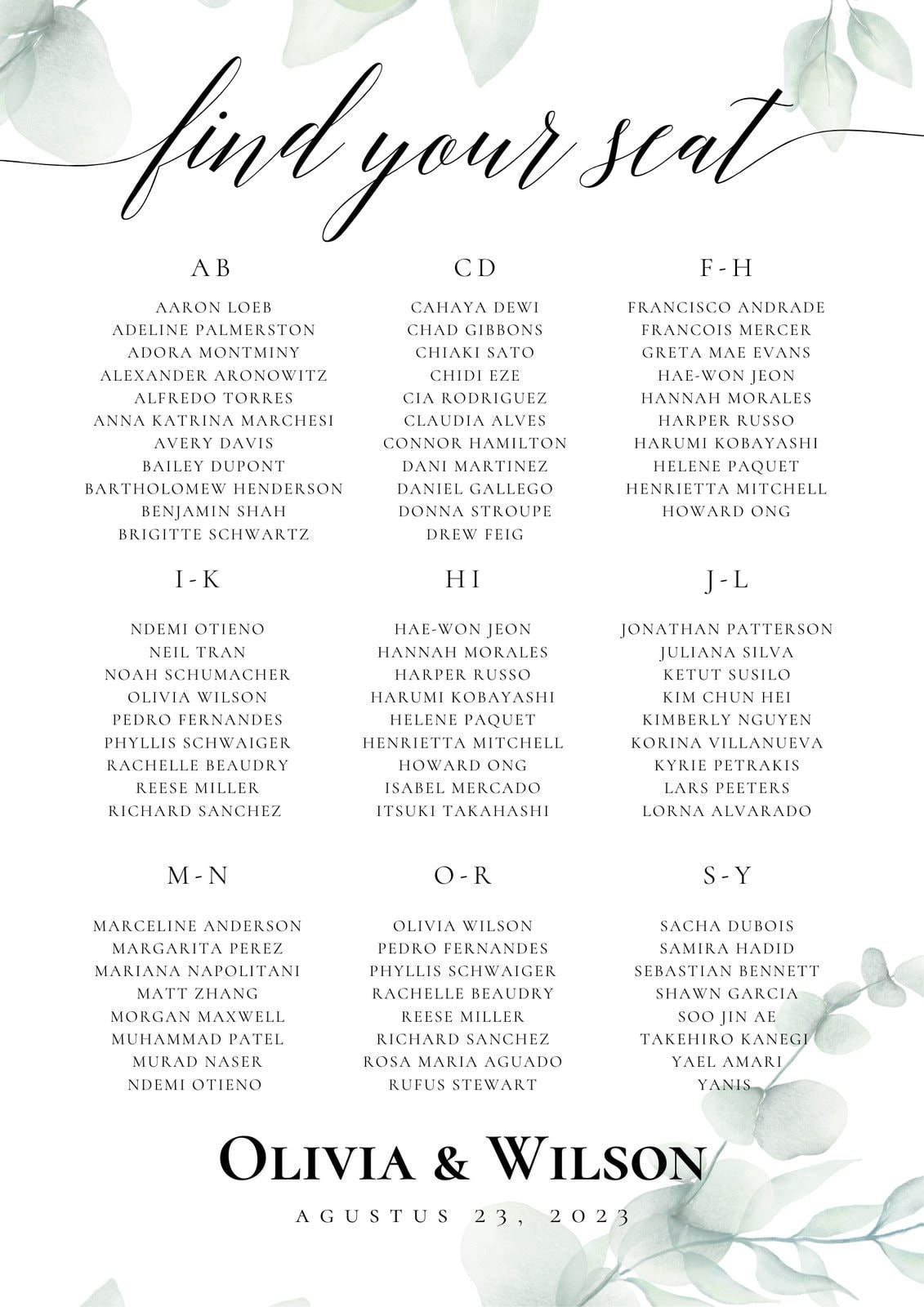 Dinner Seating Chart Template Wedding Seating Chart Sign | The Caitlyn
