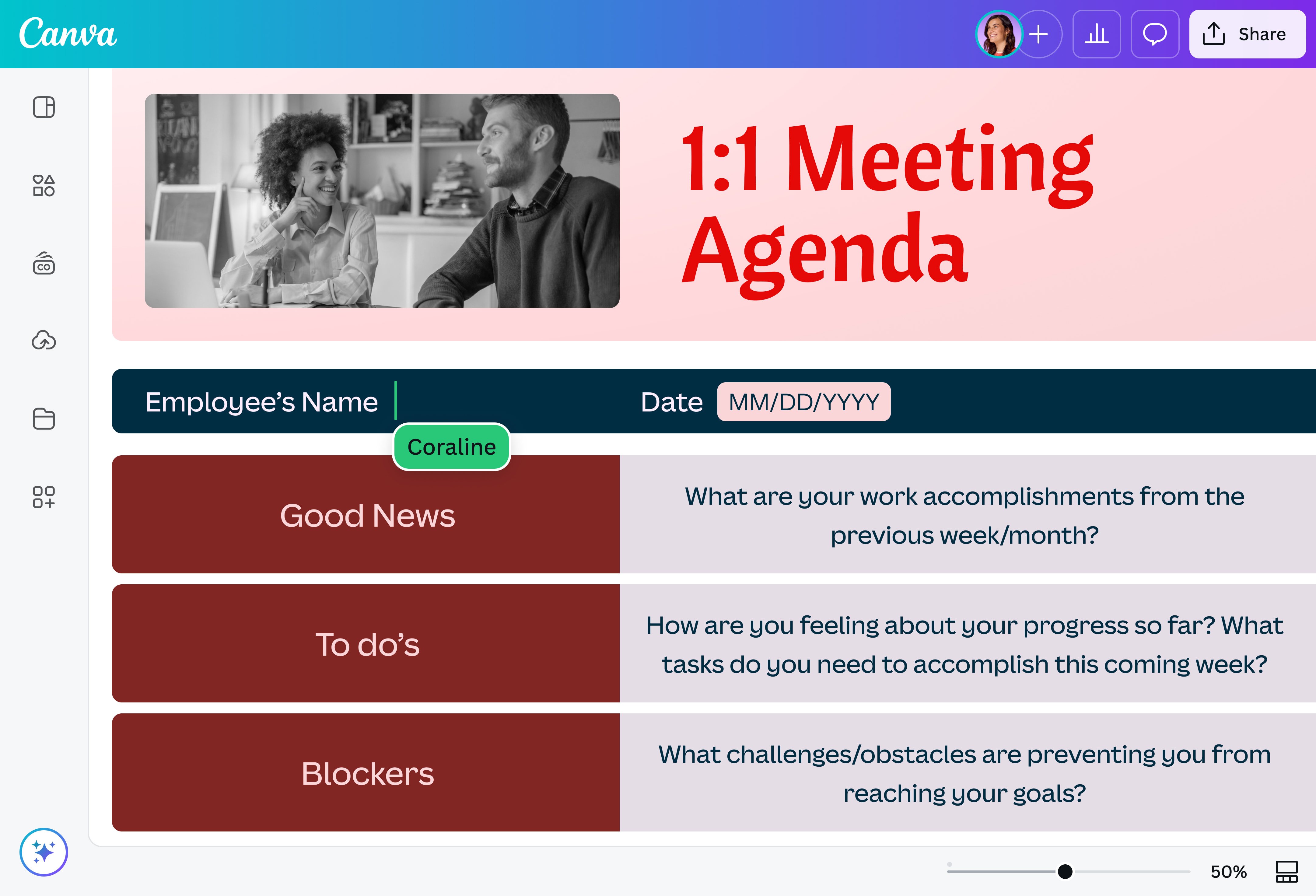 One-on-one meeting: Questions, agenda, and templates | Canva