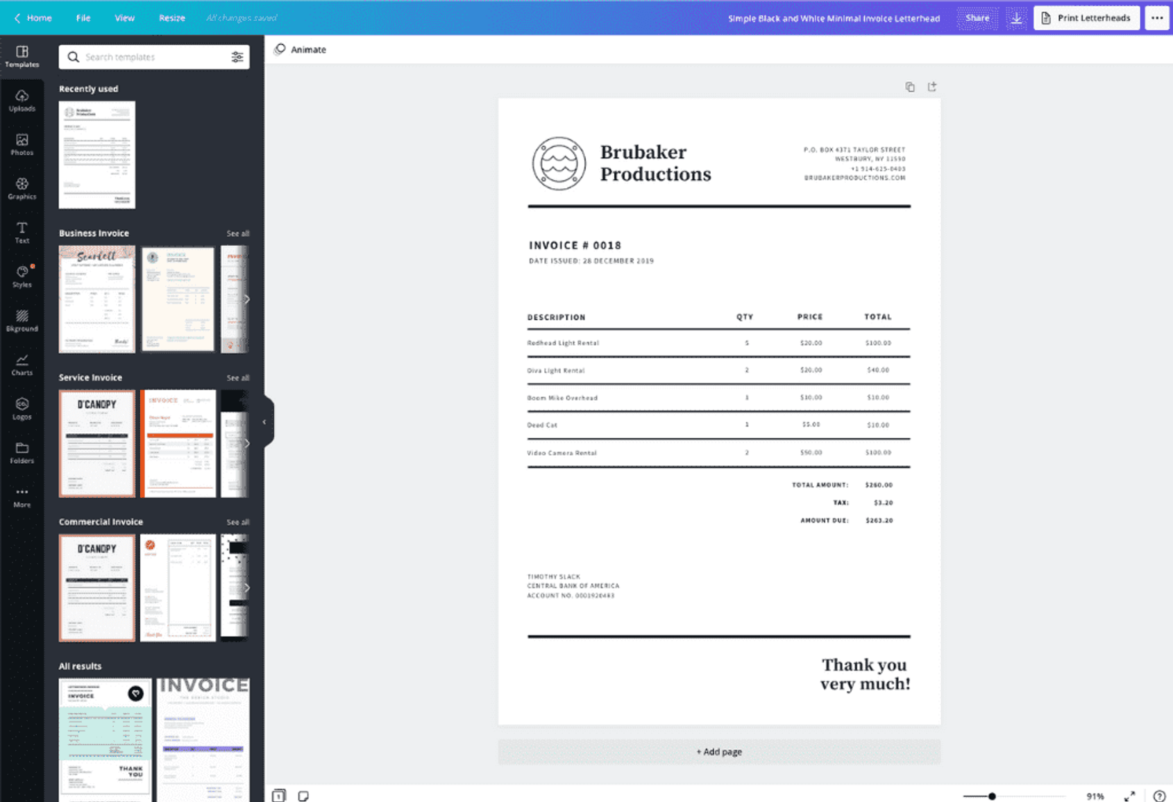 Paper Party Supplies Stationery Editable Canva Invoice Template 