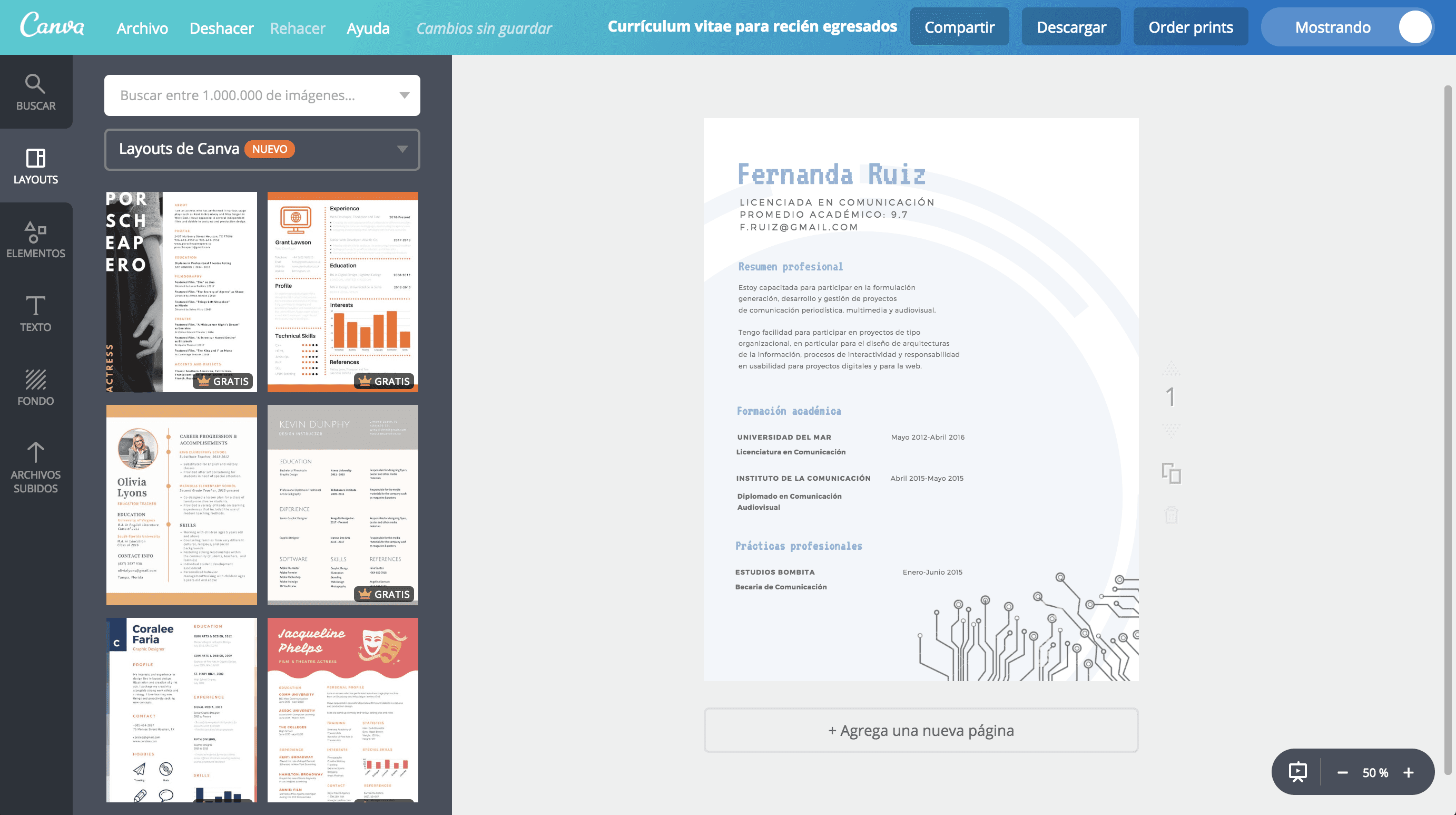 Crea un currículum vitae para recién egresado gratis - Canva
